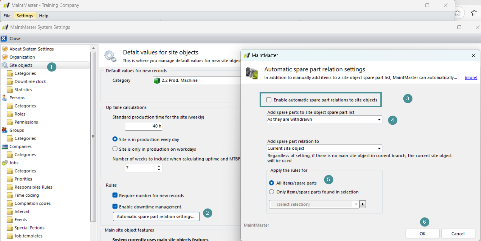 How do I automatically connect spare parts to site objects when they ...